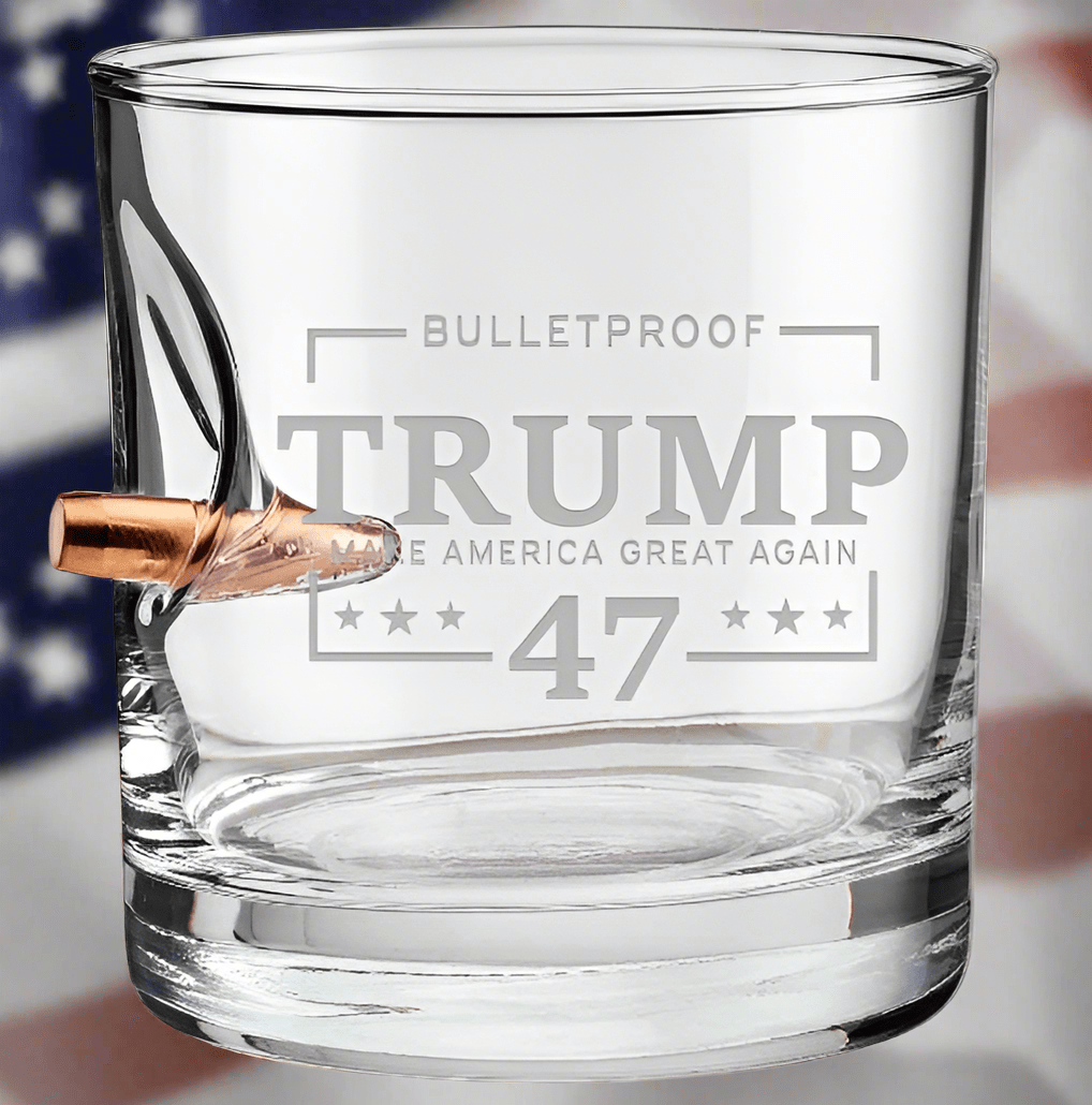 Trump 47 Bulletproof Whiskey Glass Packin Patriot Merch